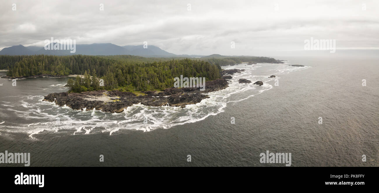 Aerial panoramic seascape view of the Pacific Ocean Coast during a ...