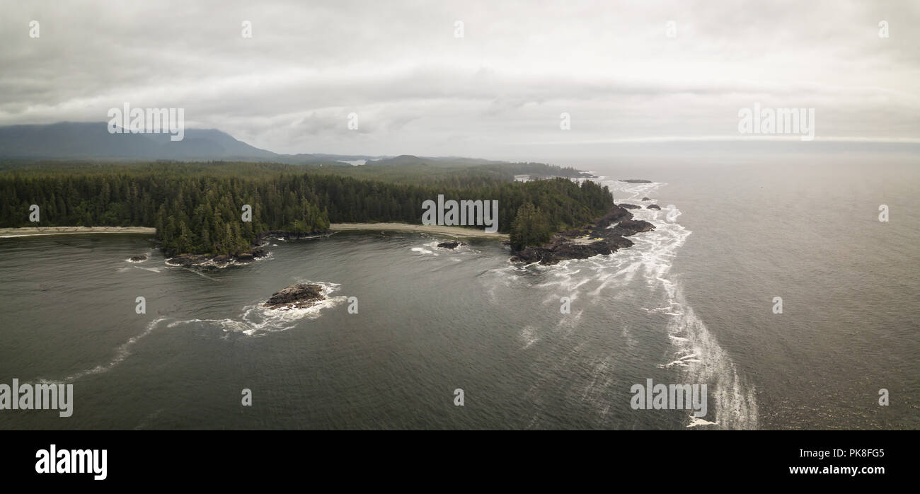 Aerial panoramic seascape view of the Pacific Ocean Coast during a ...