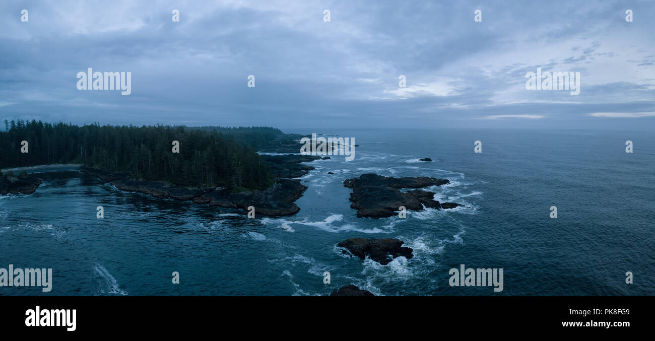 Aerial panoramic seascape view of the Pacific Ocean Coast during a ...