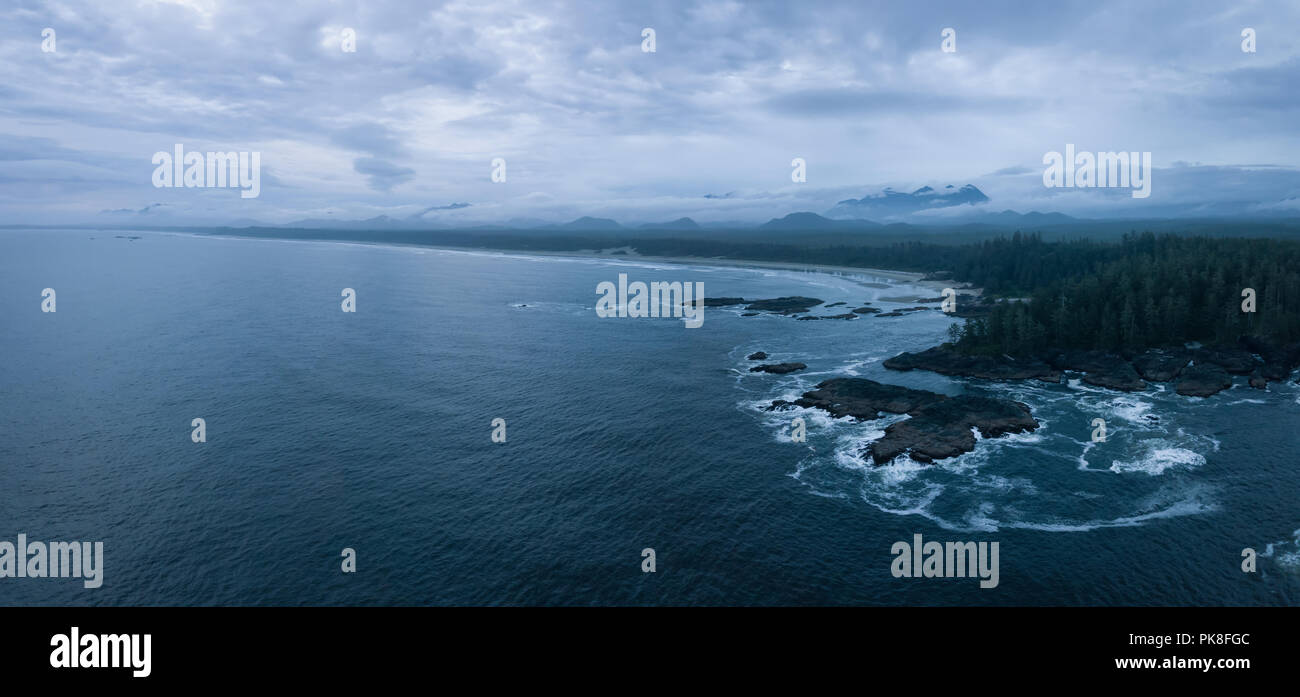 Aerial panoramic seascape view of the Pacific Ocean Coast during a ...