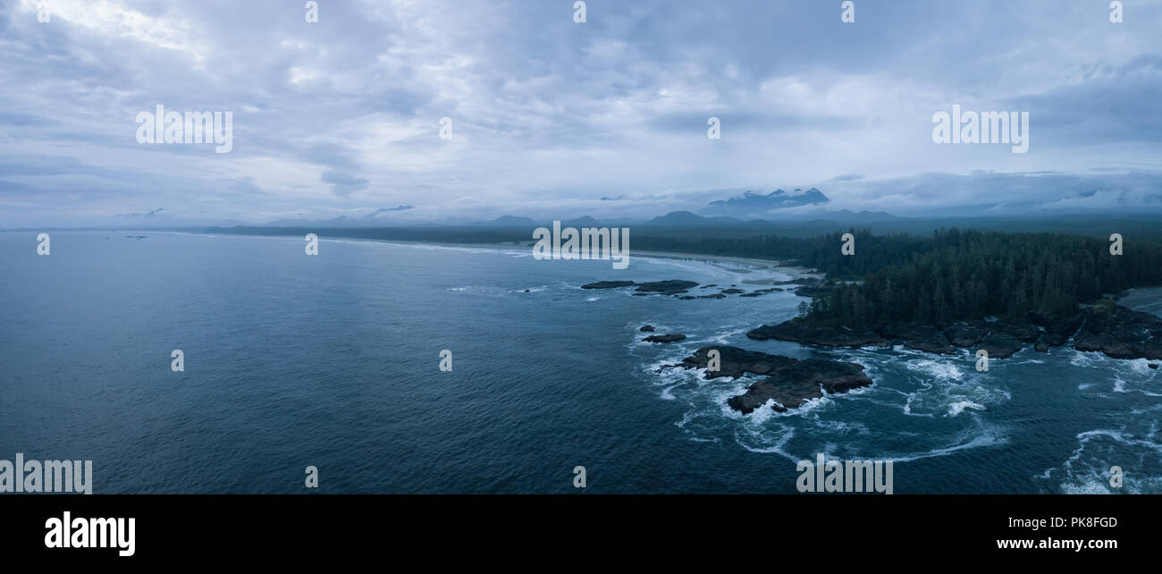 Aerial panoramic seascape view of the Pacific Ocean Coast during a ...
