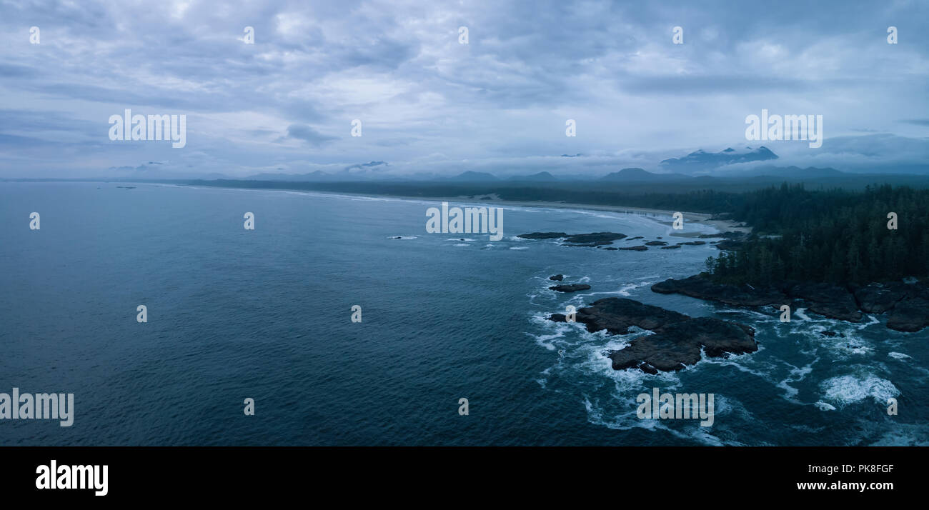 Aerial panoramic seascape view of the Pacific Ocean Coast during a ...