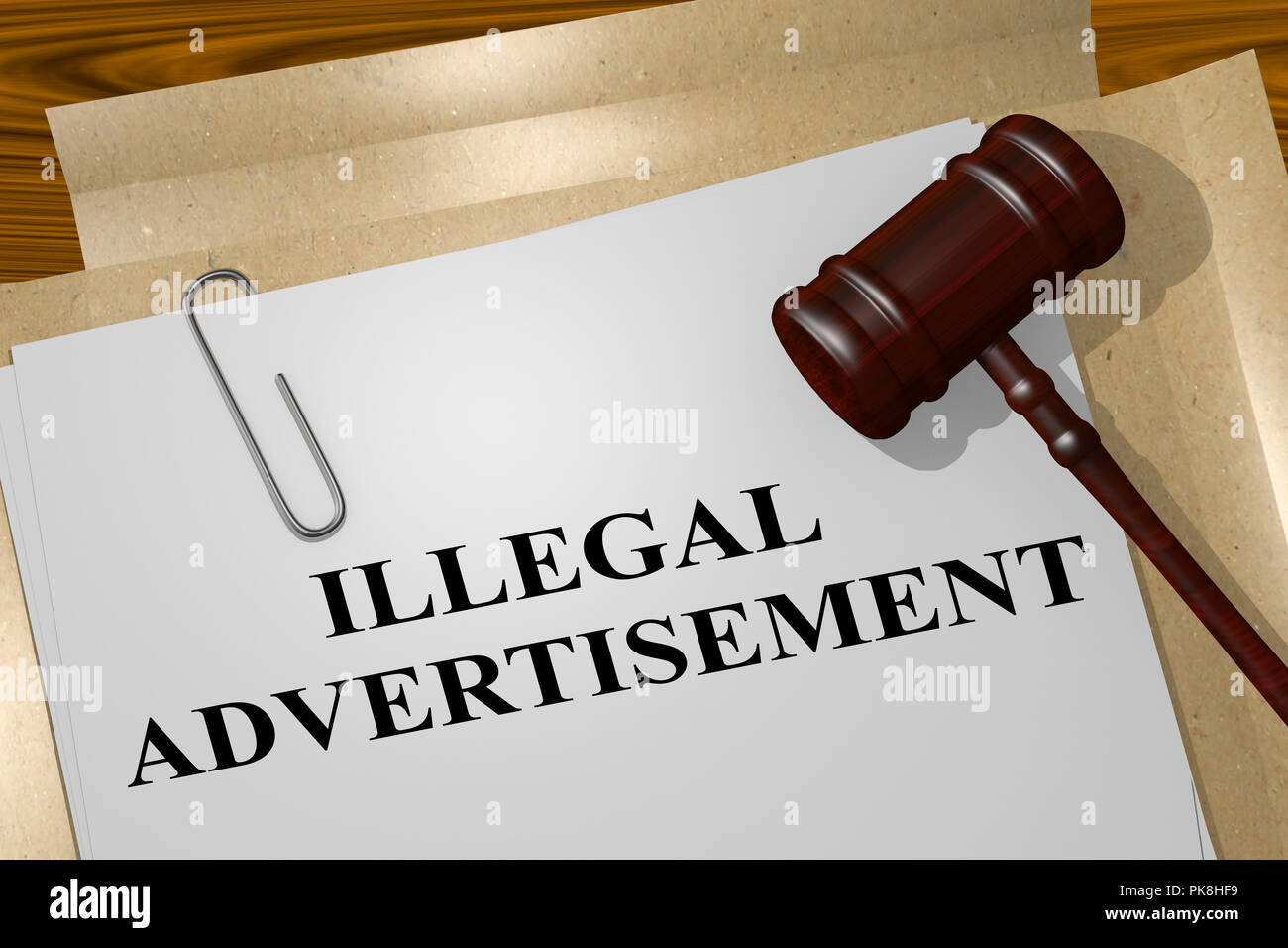 3D illustration of ILLEGAL ADVERTISEMENT script on legal document Stock ...