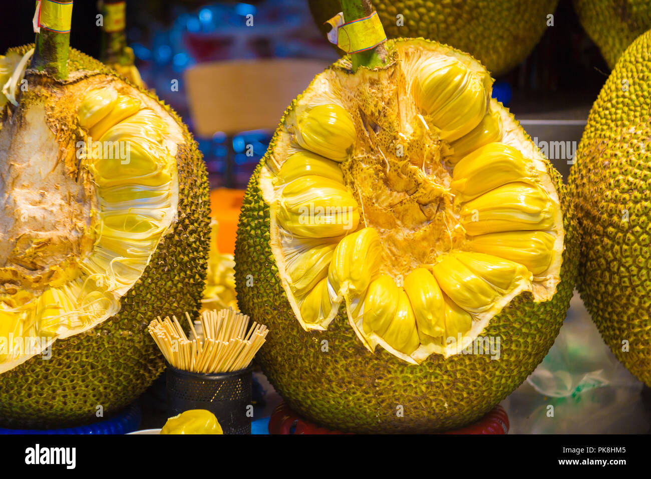Big cut up jackfruit showing inside part, at local market in China ...