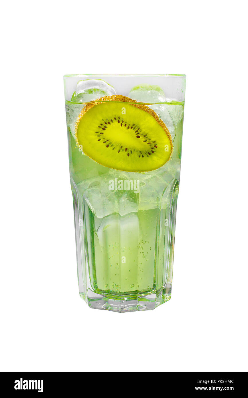 A green transparent cocktail, refreshing in a tall glass with ice cubes ...