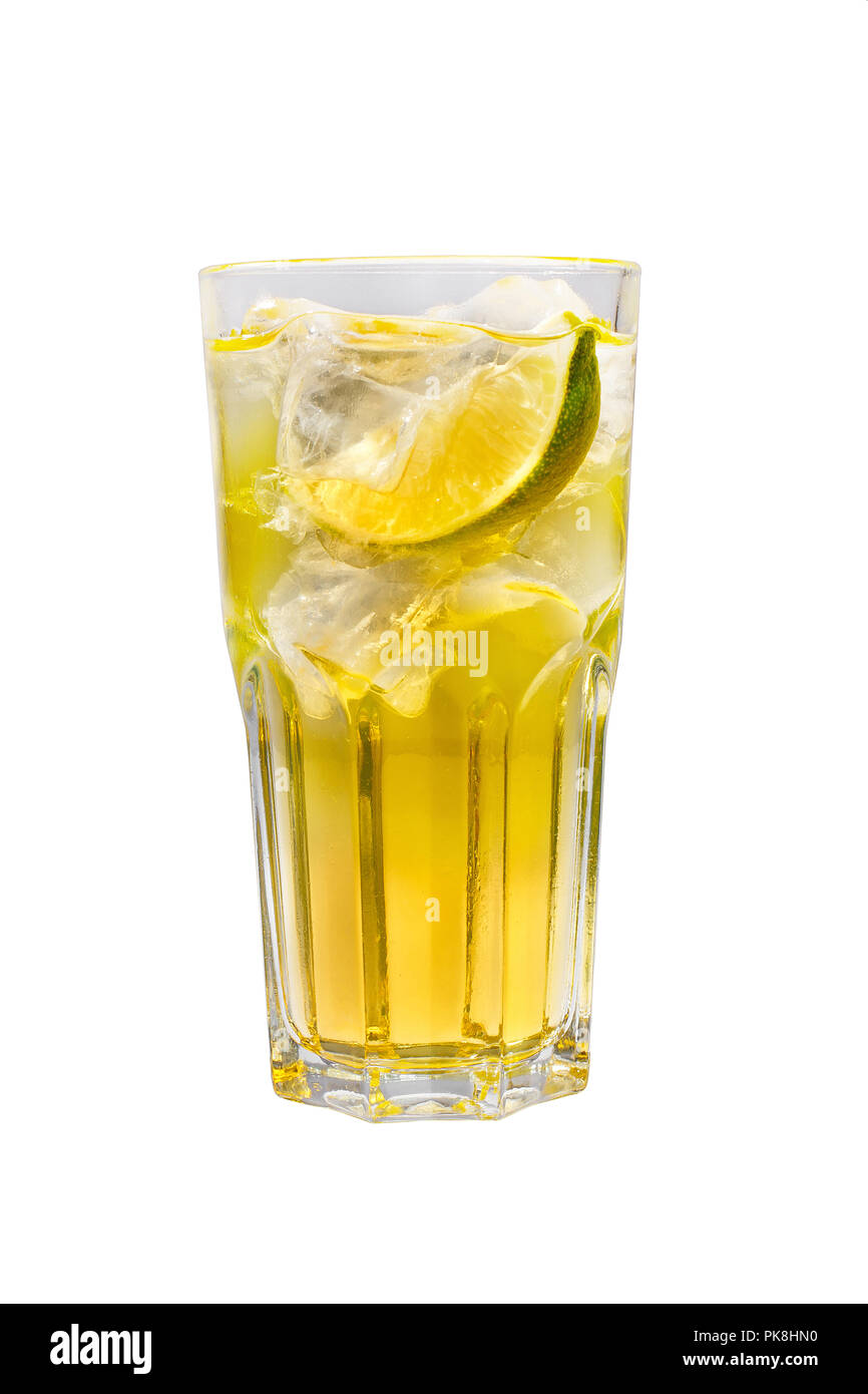 A yellow transparent cocktail, refreshing in a tall glass with ice ...