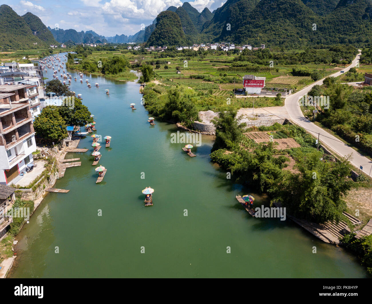 Aerial view of a beautiful day at Yangshuo Lijiang River where many ...