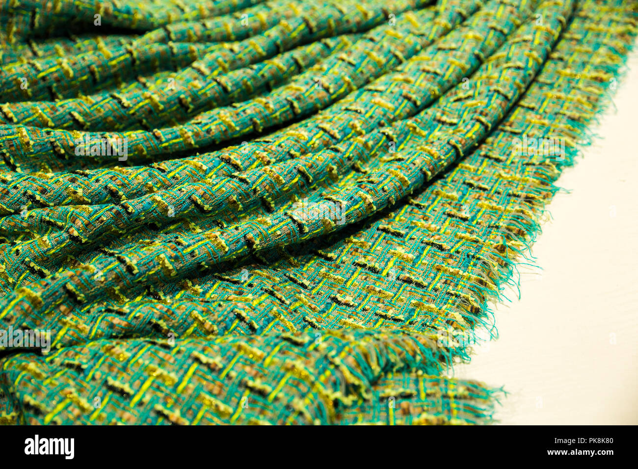 Green fabric for coat dress, hem, rim of fabric, With black and yellow ...