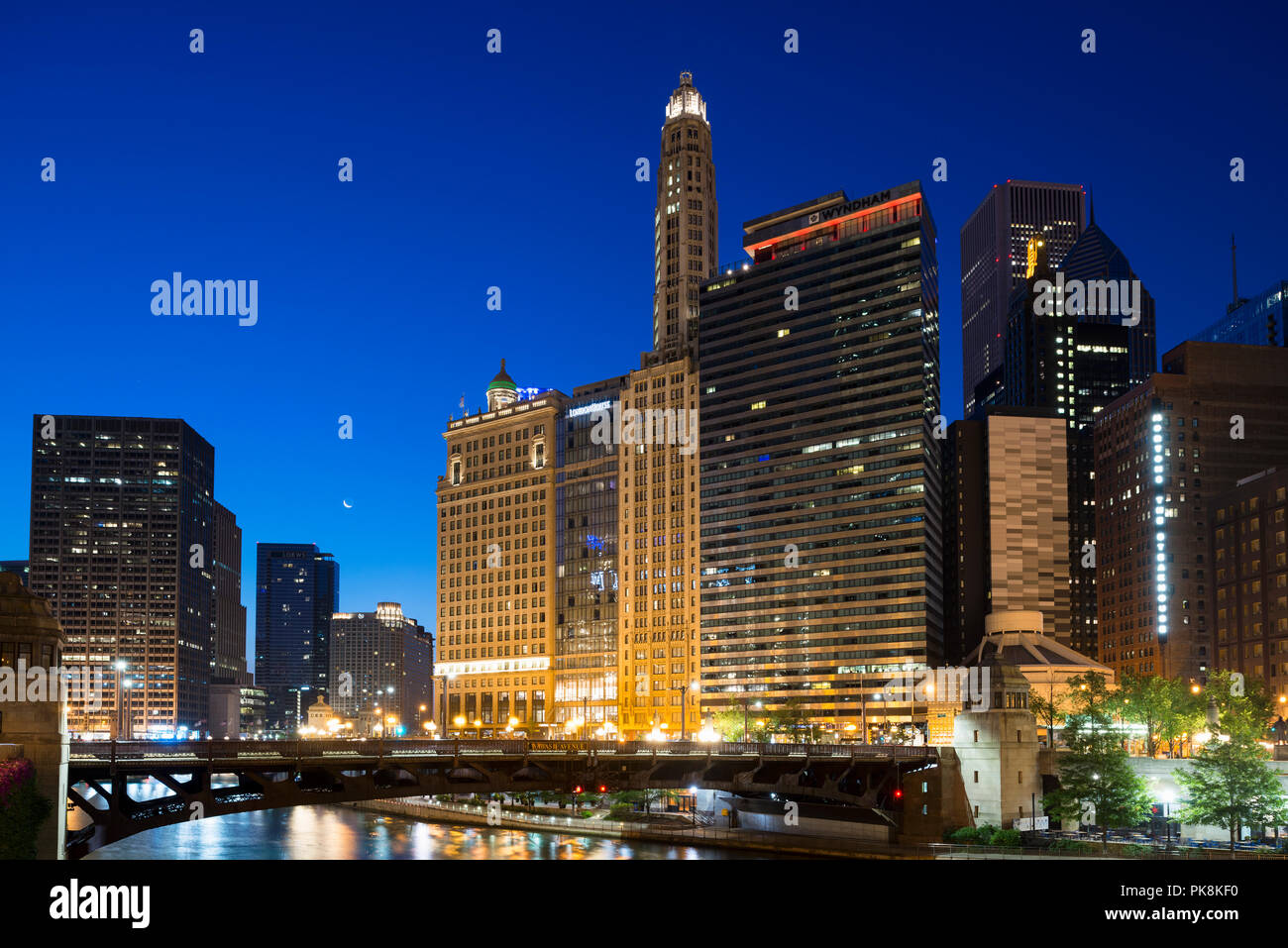 The Chicago River night view with crescent moon. Chicago, USA Stock ...