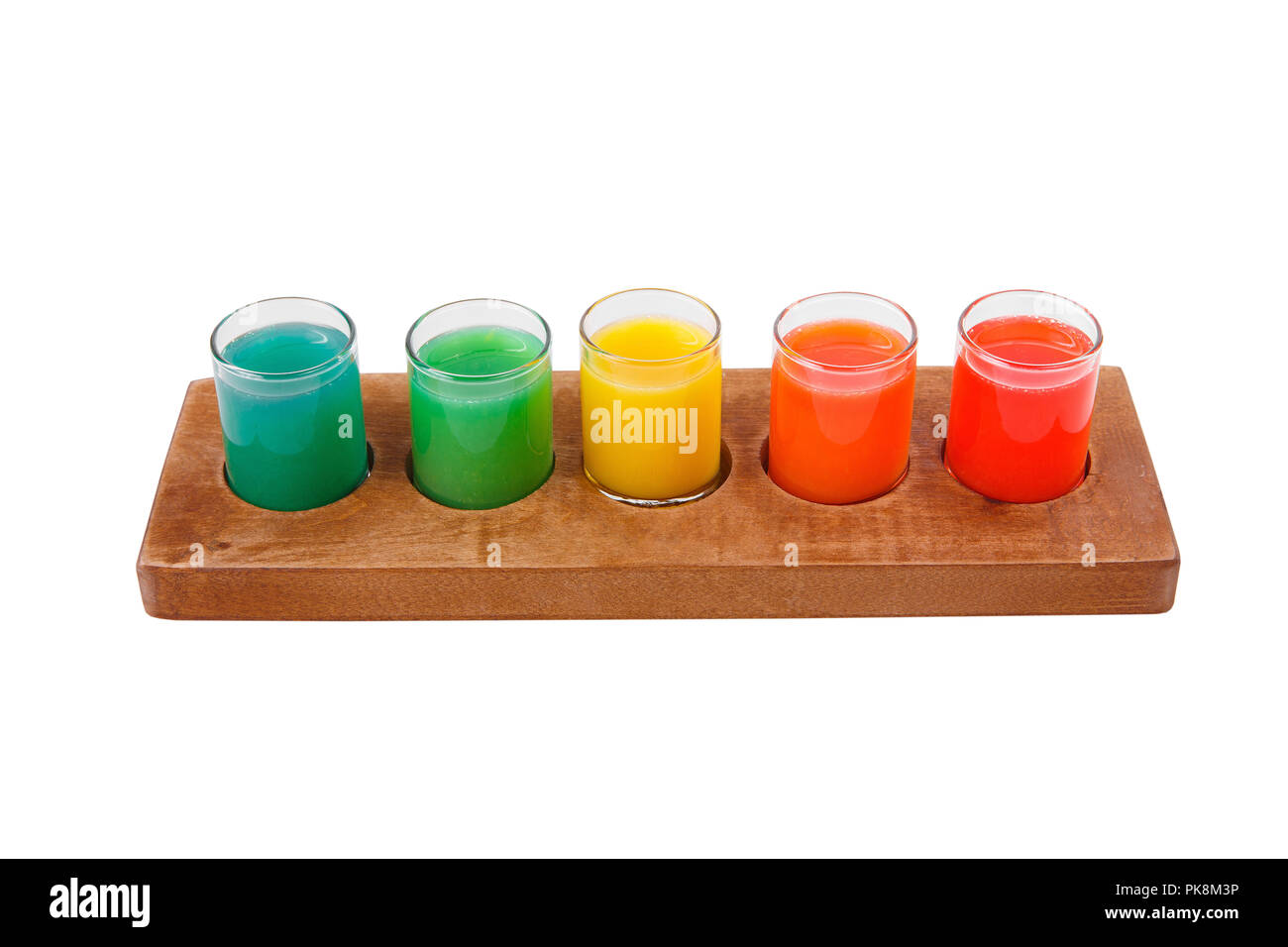 Multicolored opaque cocktails, a set of shots in one row, five servings ...