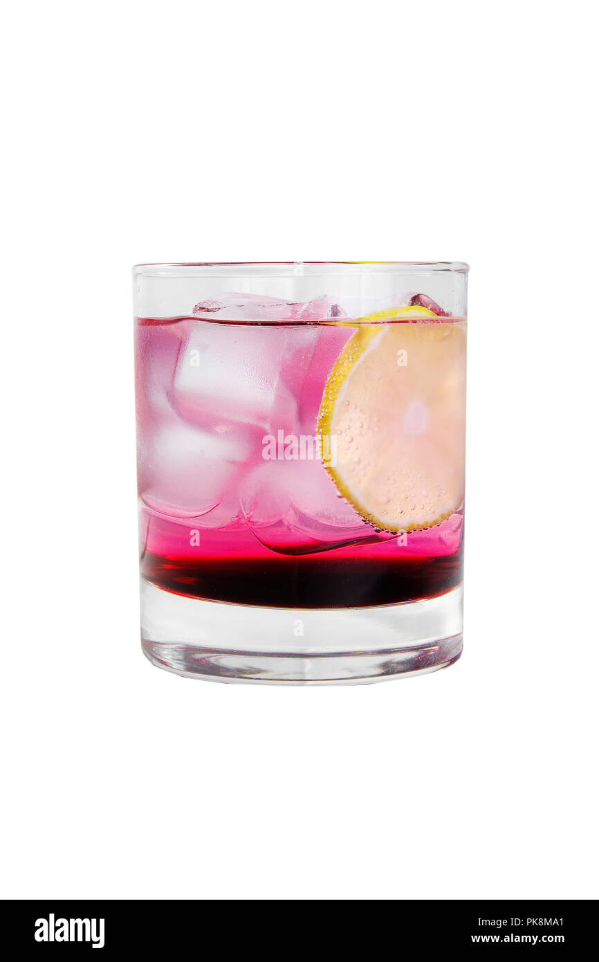 Transparent cocktail, refreshing water in a low glass with ice cubes, berry, fruit syrup and a ...