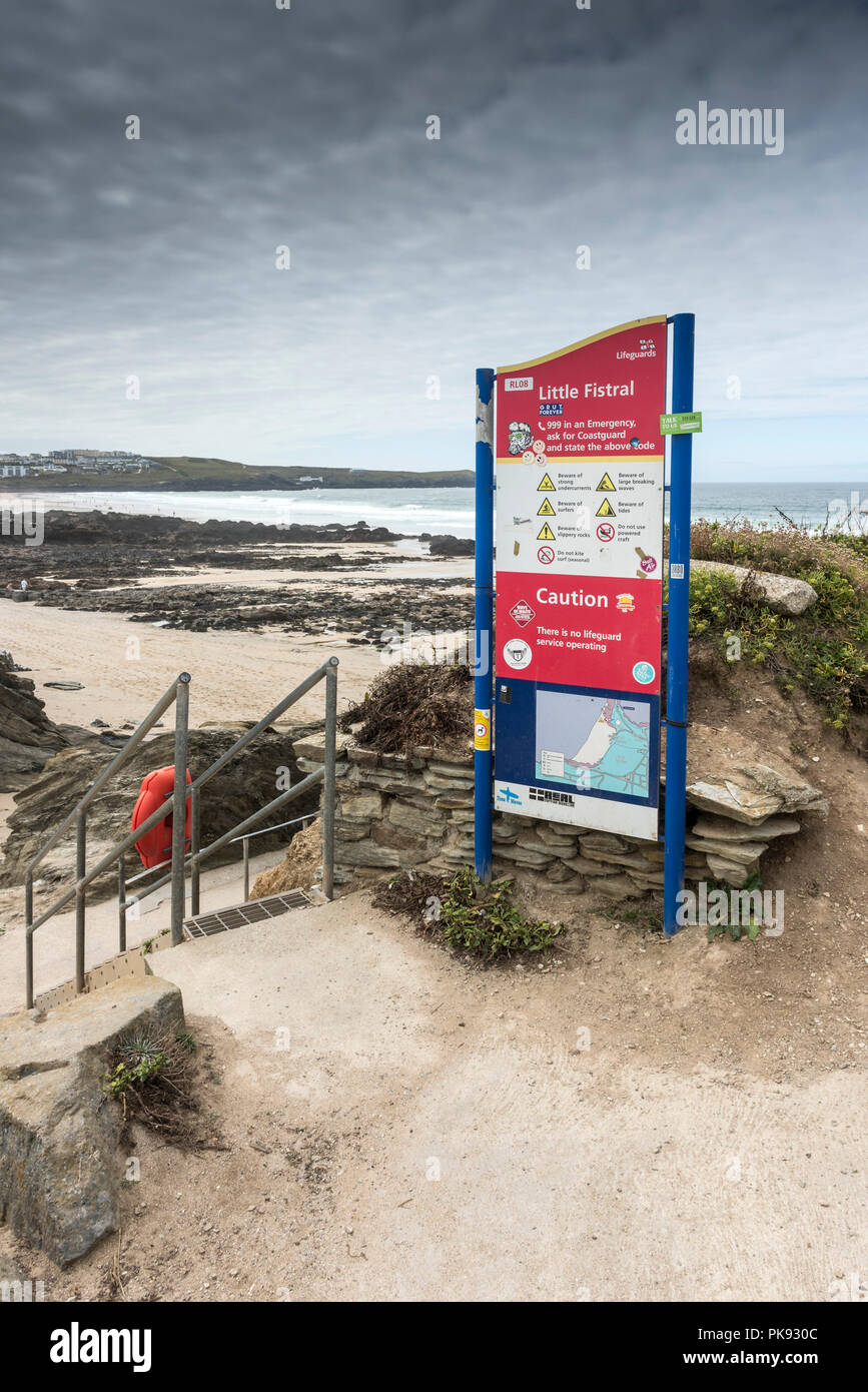 An information sign at Little Fistral Beach in Newquay Cornwall Stock ...