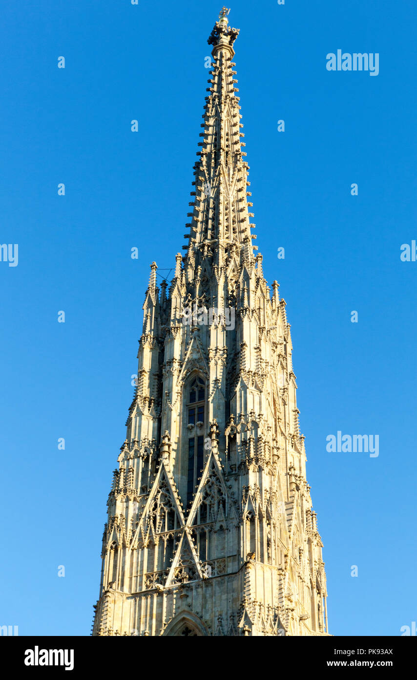 The medieval spire of St. Stephen's Cathedral in a sunset light (Vienna ...