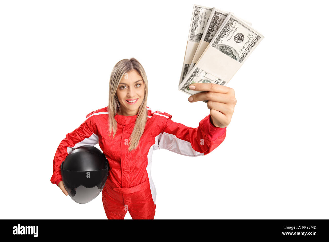 Female racer with money bundles isolated on white background Stock ...