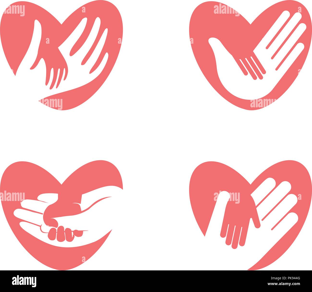 Little hand in big hand in heart silhouette, vector icon set. Charity ...