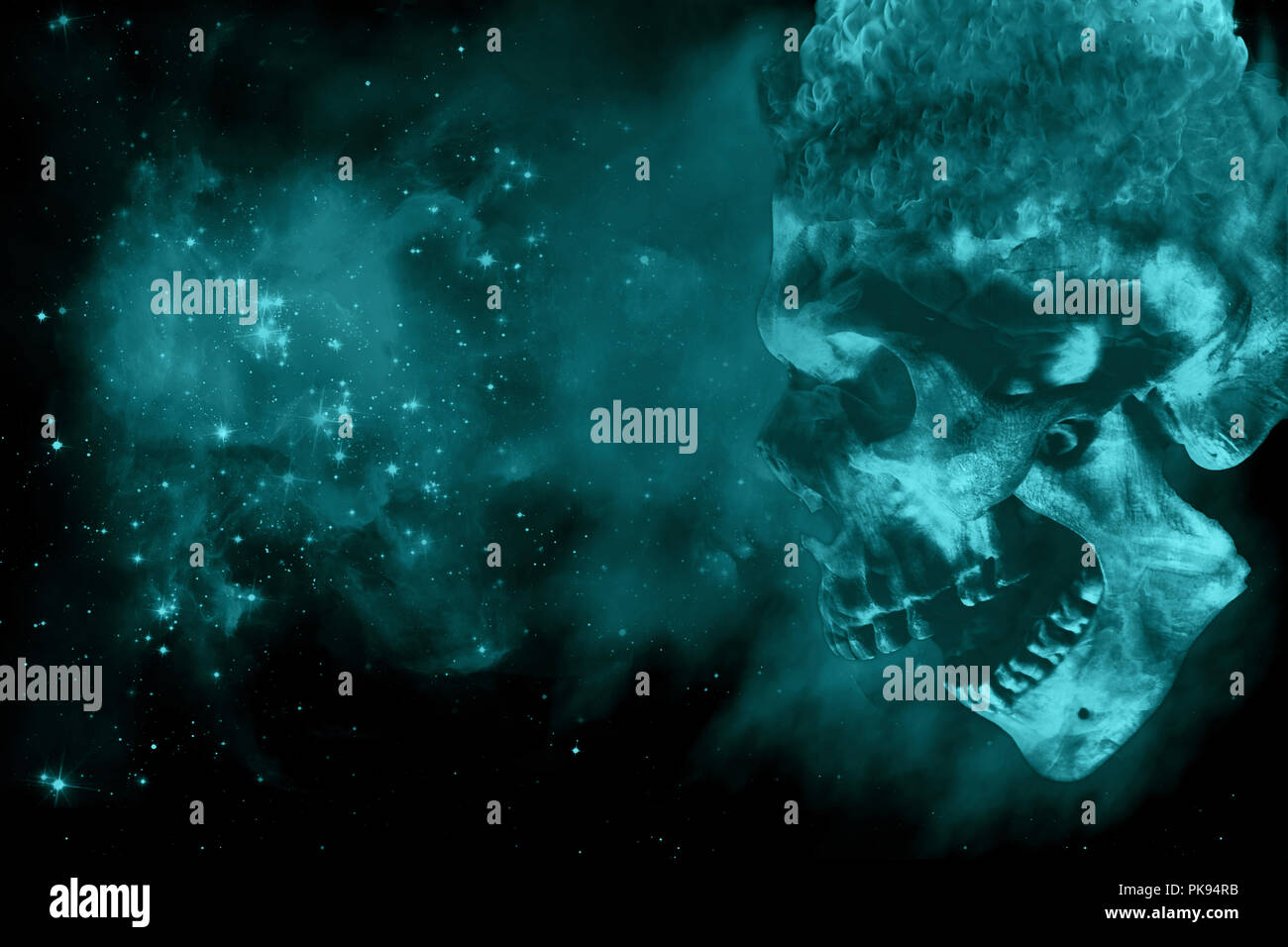 Abstract powerful fiery evil cyan demon skulls on a cyan space ...