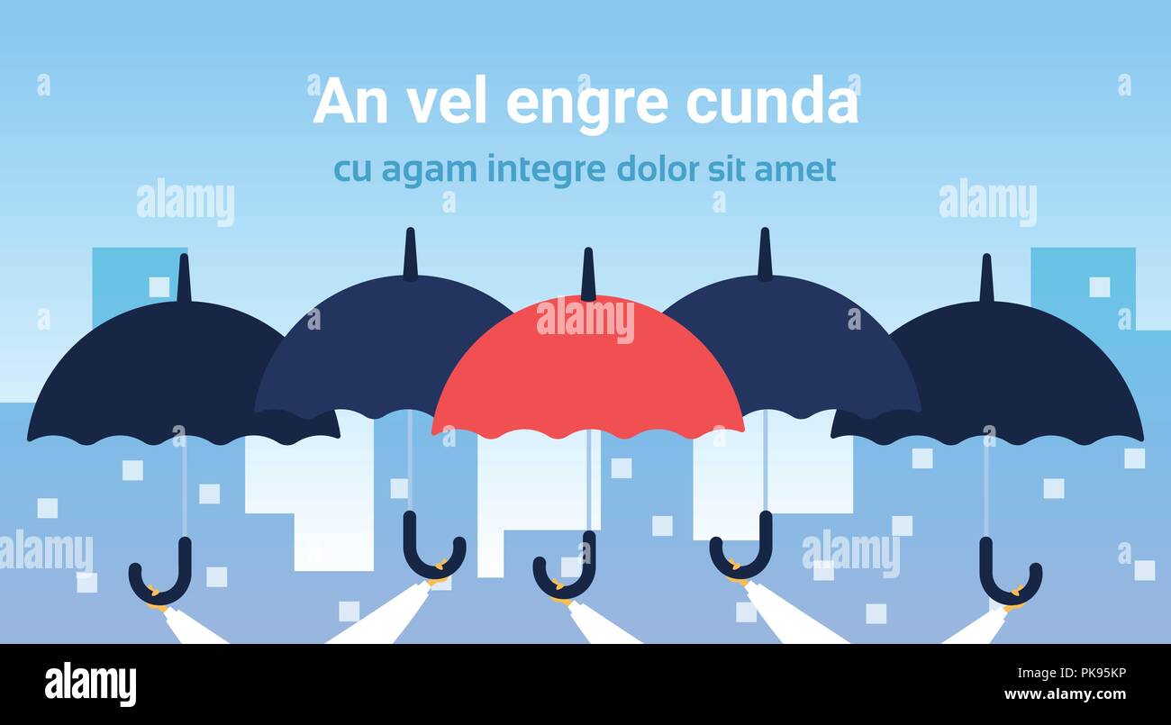 Red umbrella standing out of black umbrellas crowd individuality ...