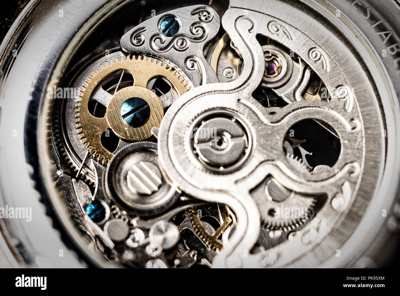 Inside a vintage watch machinery macro Stock Photo - Alamy