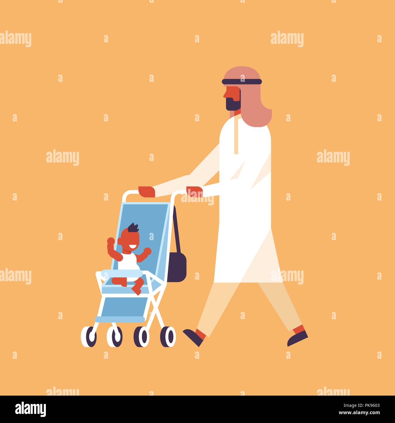 arabic man walking baby stroller happy family concept arab father ...
