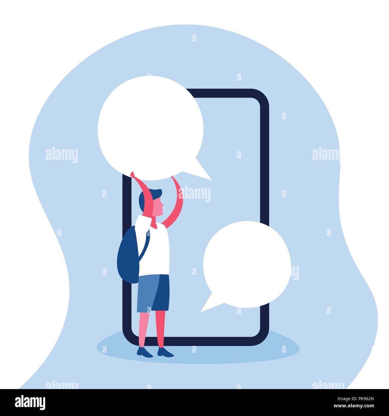 boy holding chat bubble online mobile application communication concept ...