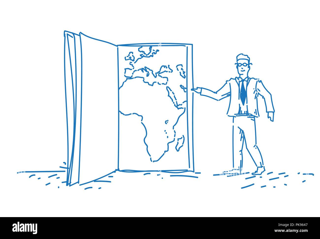 businessman pointing world map book page global destination concept ...