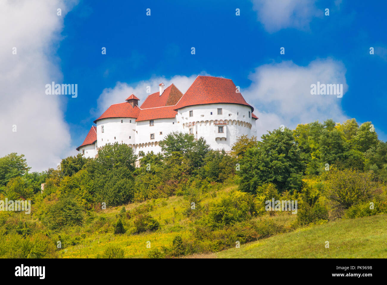 Old castle Veliki Tabor on hill, Zagorje, Croatia, view through the ...