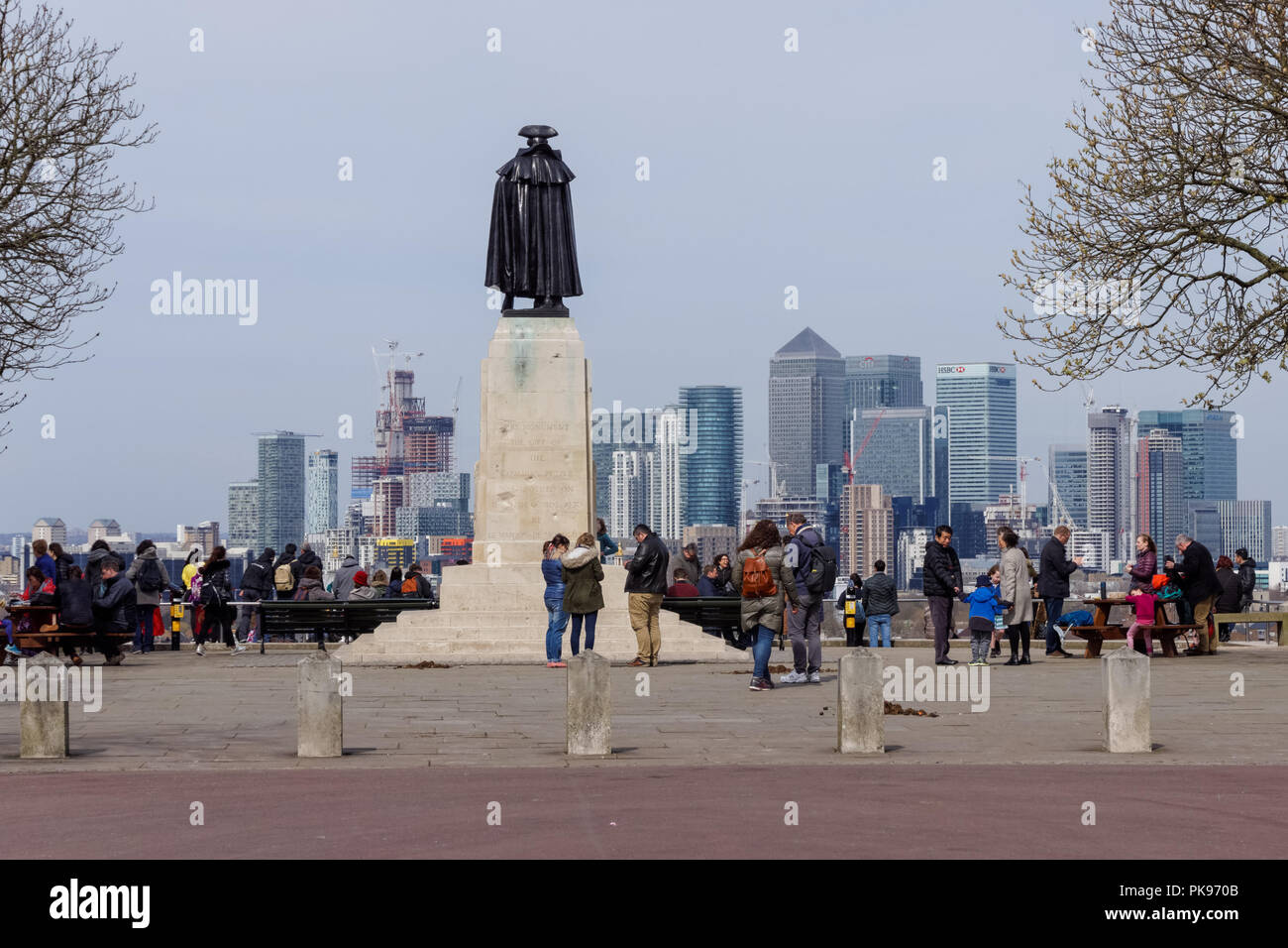 Statue of General James Wolfe overlooking Canary Wharf from Greenwich ...