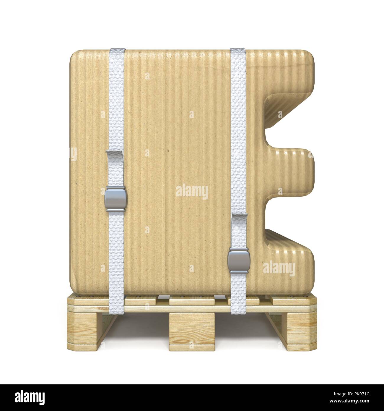Cardboard box font Letter E on wooden pallet 3D render illustration ...