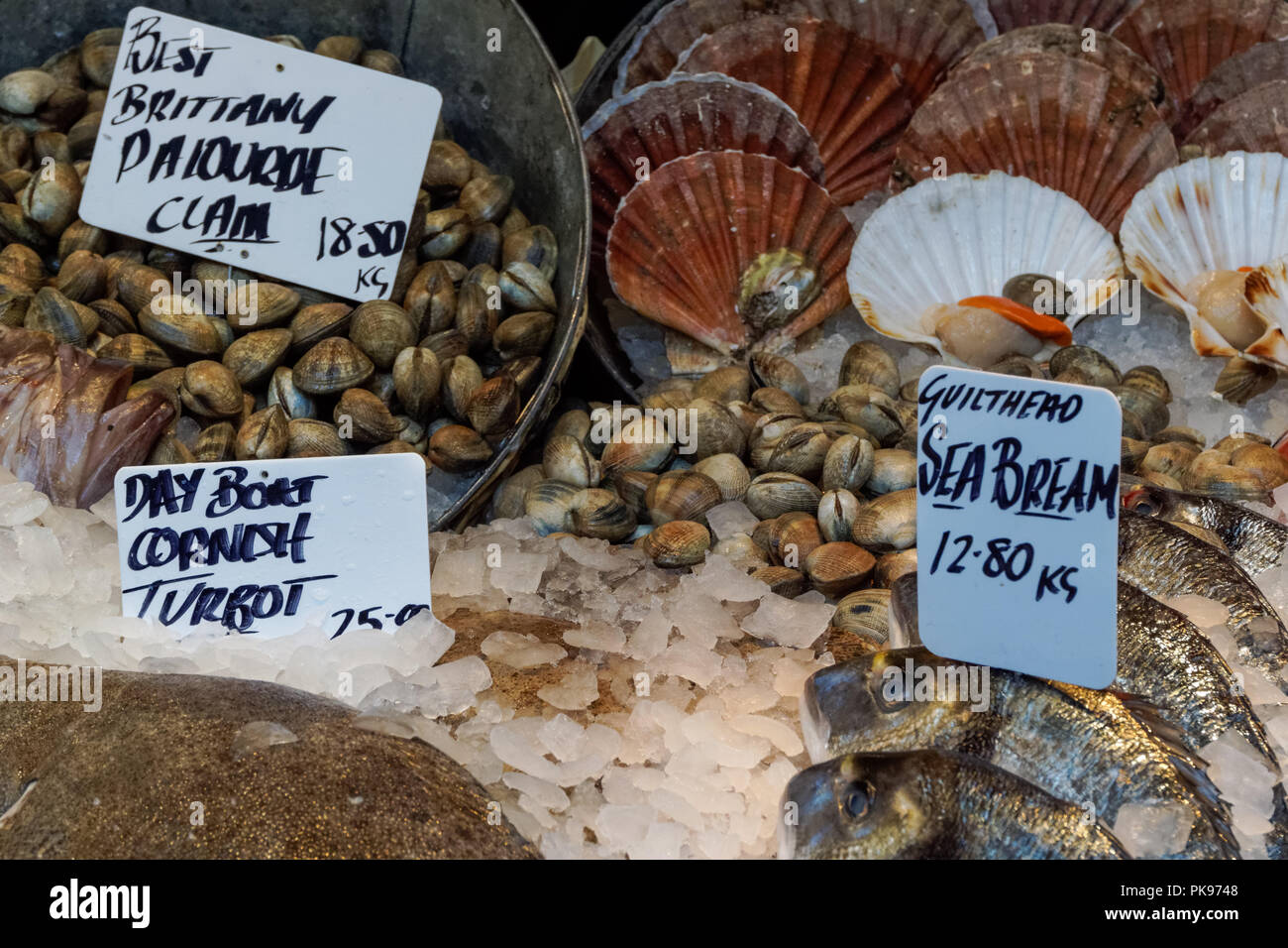 Fishmonger's stall at Borough Market in London England United Kingdom ...