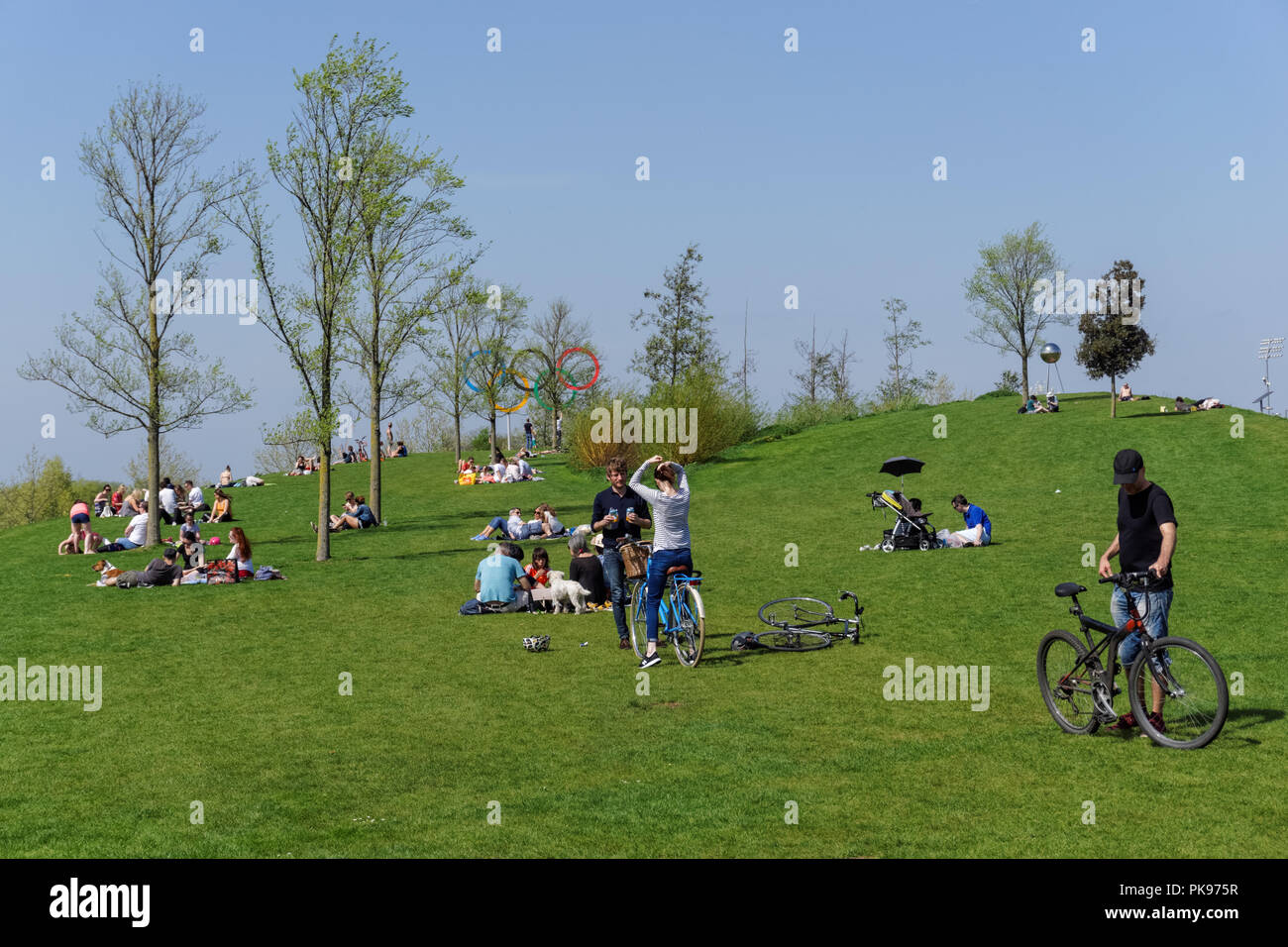 People enjoying sunny spring weather at the Queen Elizabeth Olympic ...