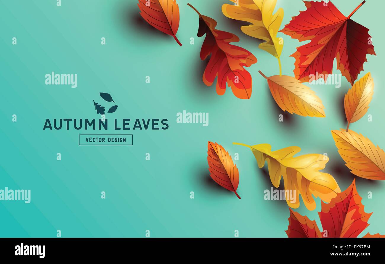 Autumn seasonal background design with falling autumn leaves and room ...