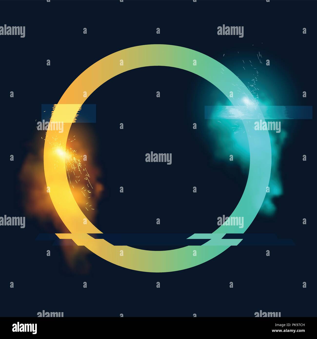 An illuminated circle loop with sparks, smoke and a glitch effects ...