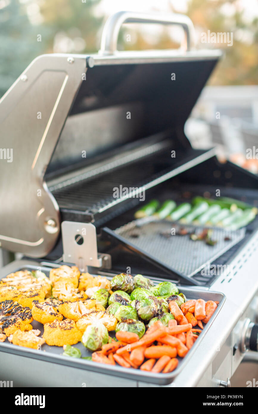Cooking healthy dinner on outdoor gas grill Stock Photo - Alamy