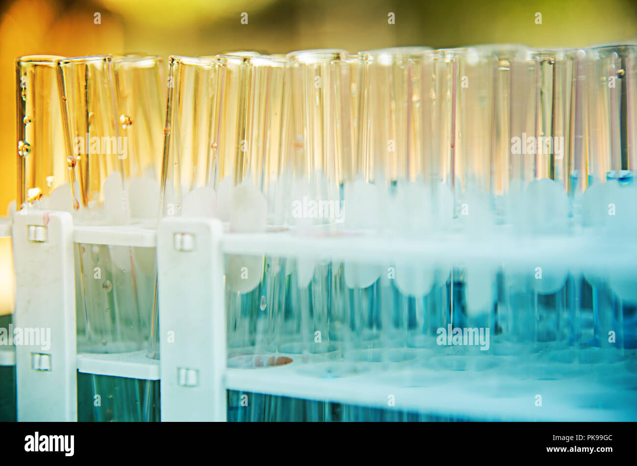 Lab science research glass items adding drop to one of several test ...