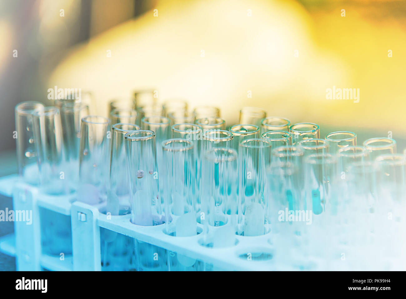 Lab science research glass items adding drop to one of several test ...