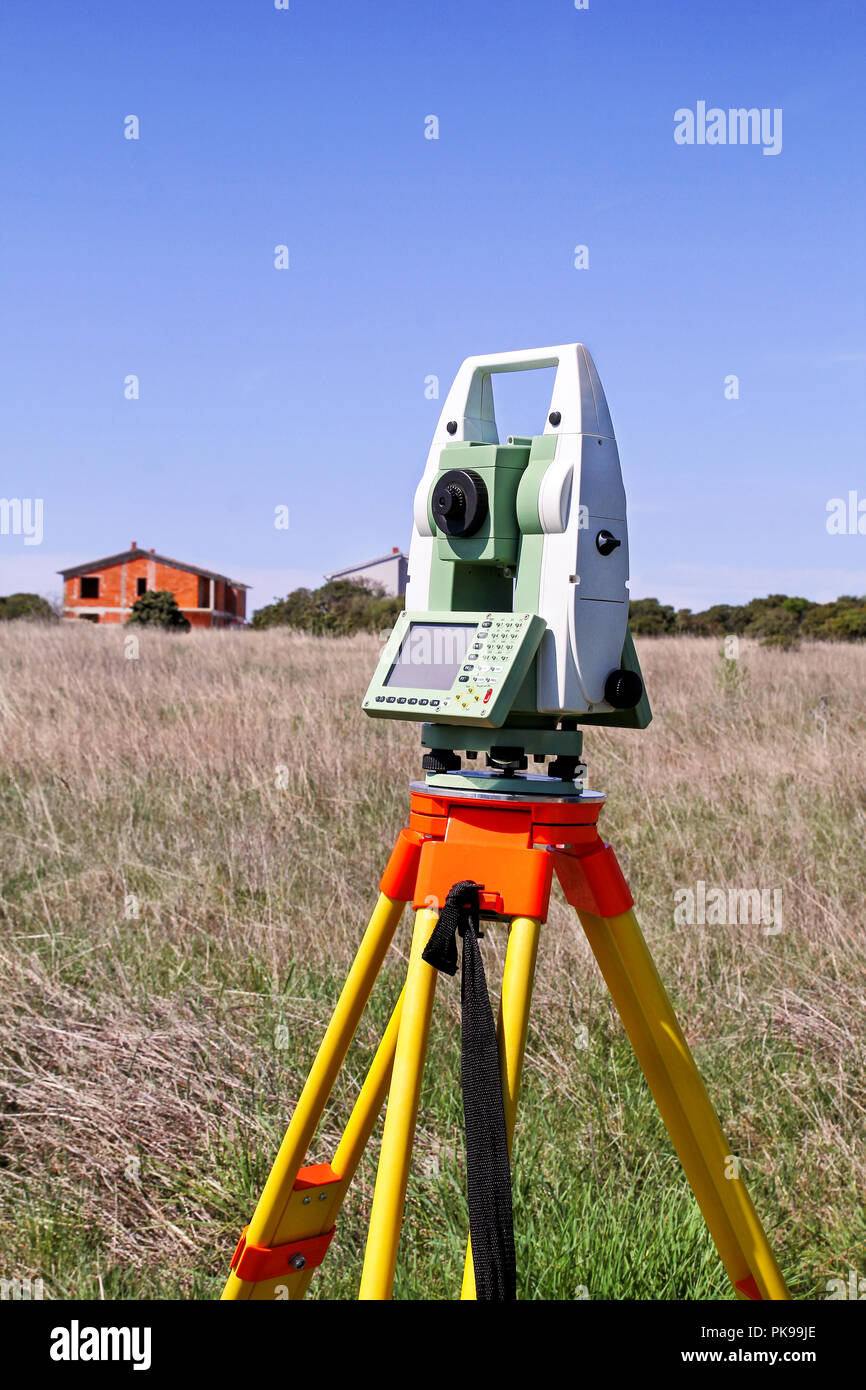 Total station. Survey Instrument geodetic device. Fall time land ...