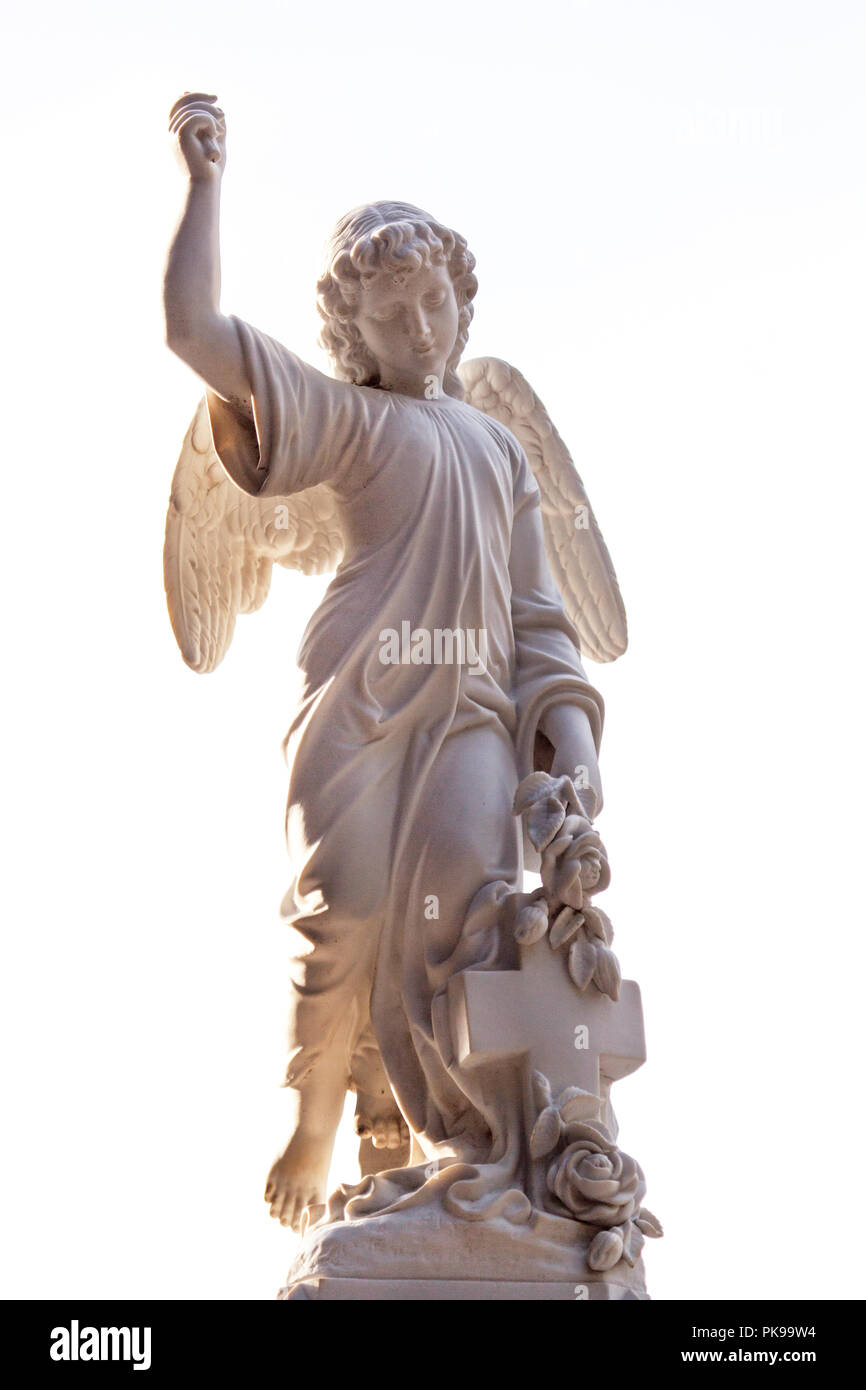 Marble statue of a beautiful angel isolated on white background. Old ...