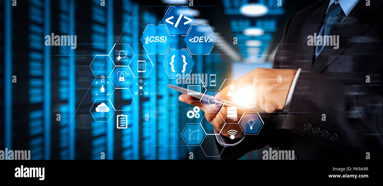 Coding software developer work with augmented reality dashboard ...