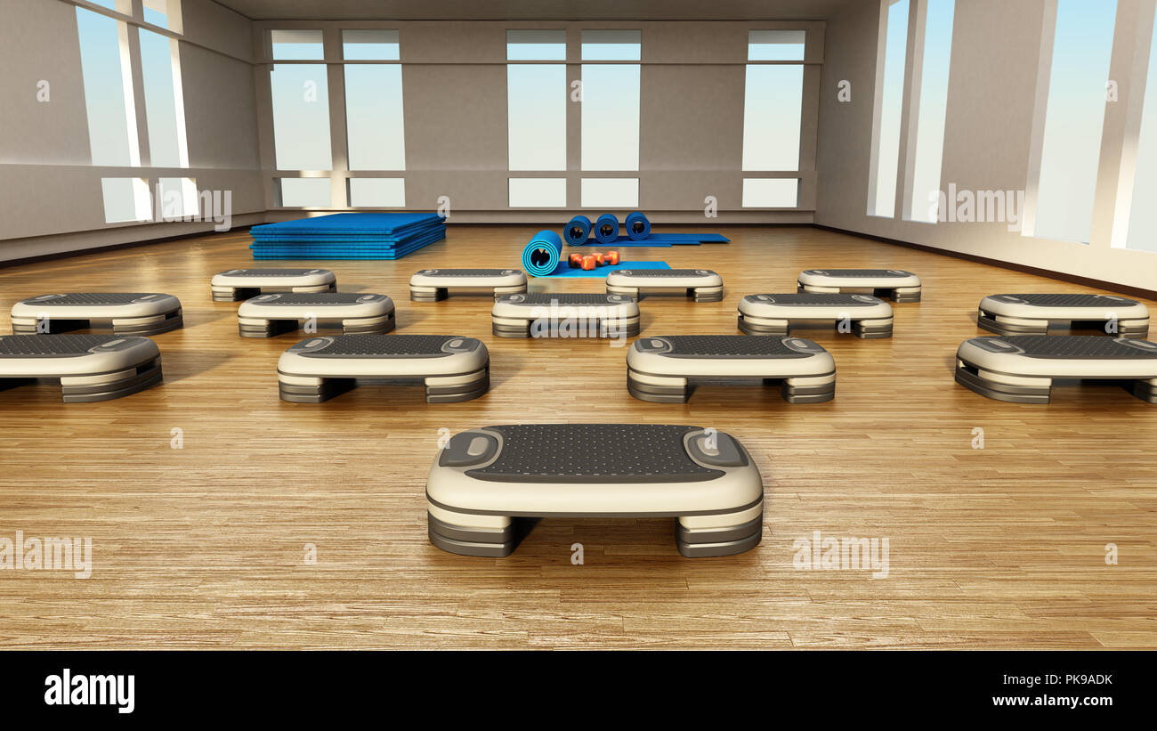 Step boards arranged inside the gym or fitness center. 3D illustration ...