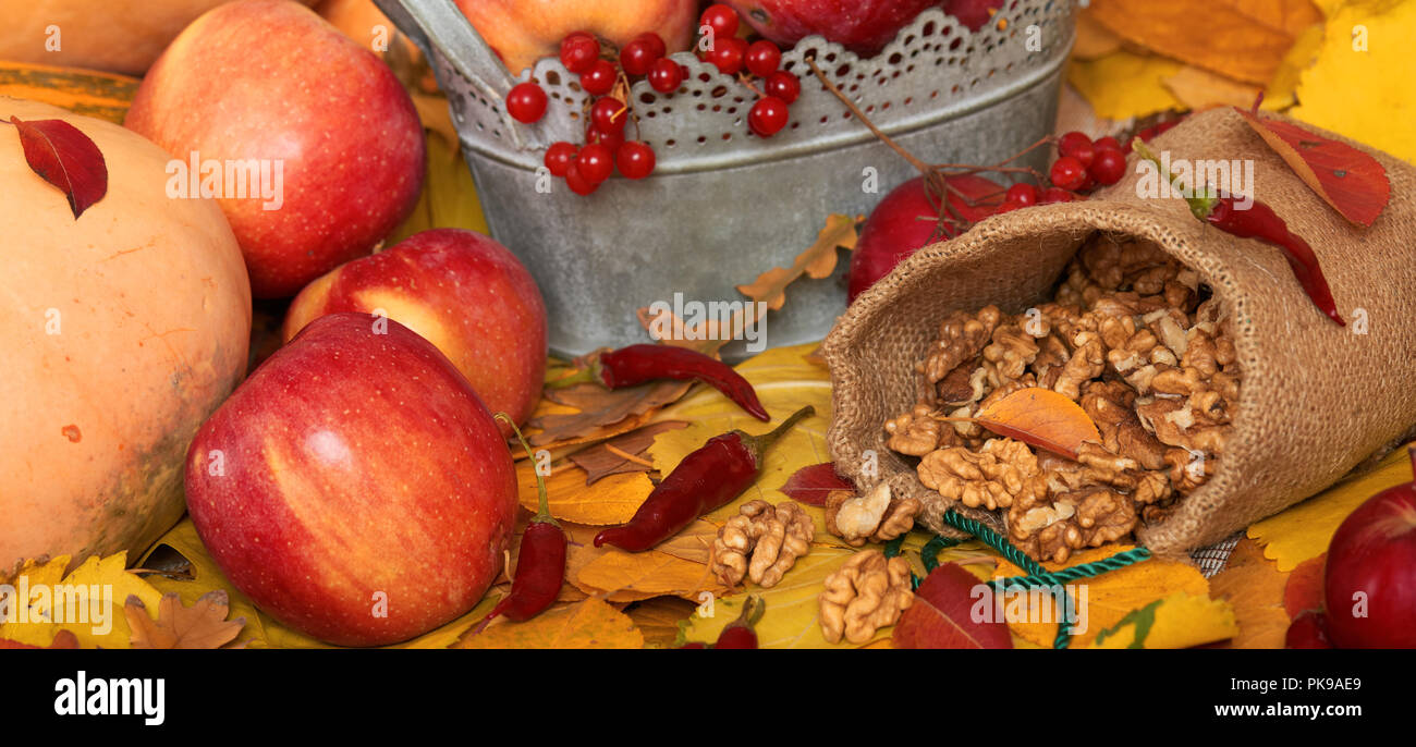 autumn harvest - fruits and vegetables are on fallen yellow leaves ...