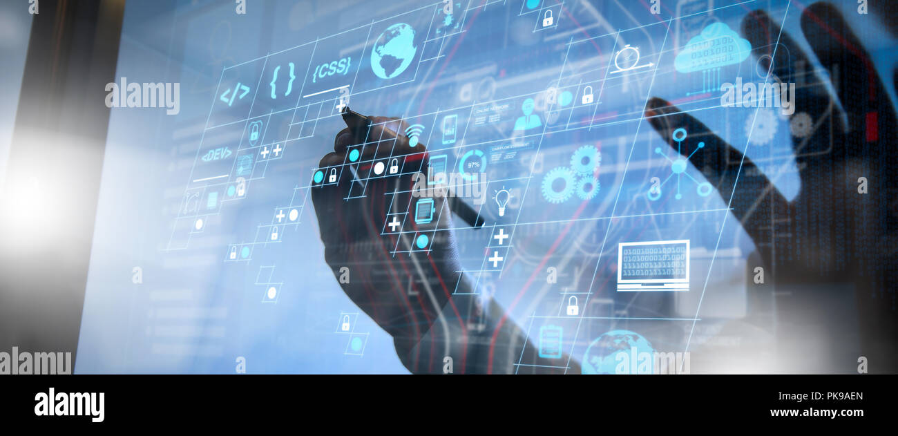 Coding software developer work with augmented reality dashboard ...
