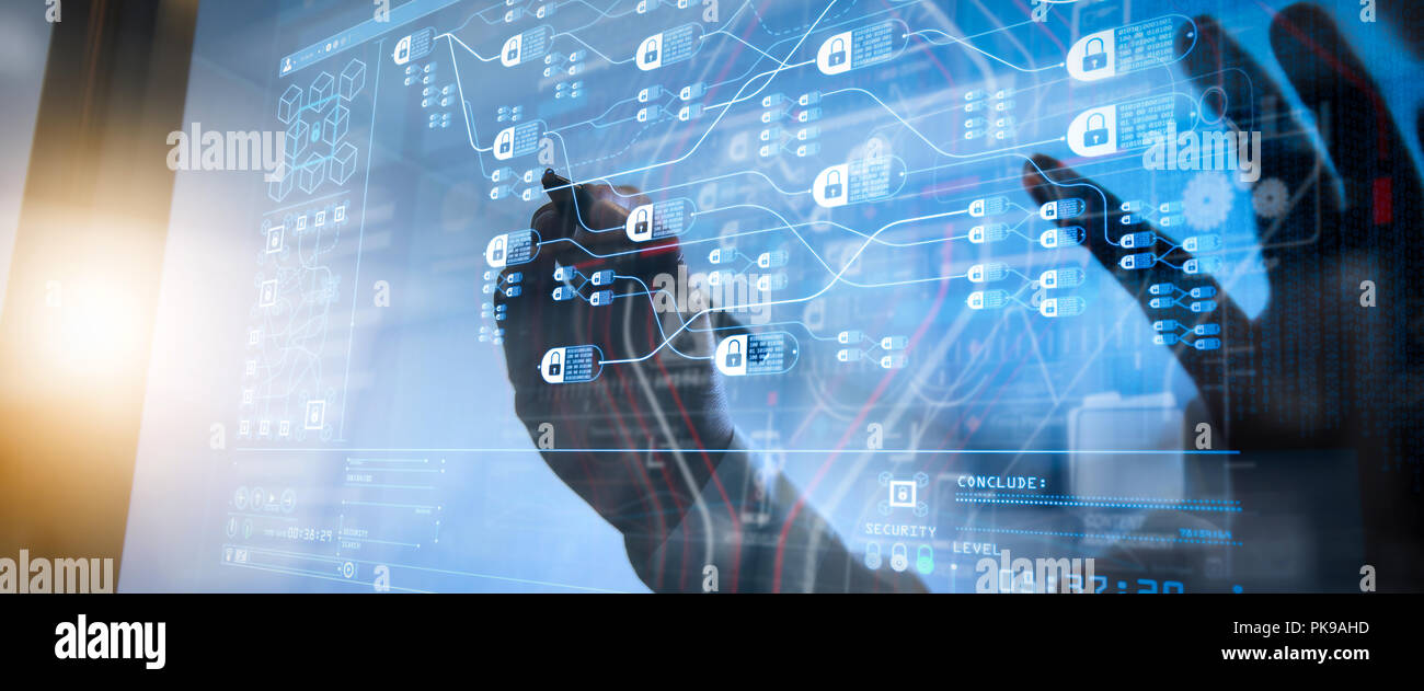 Blockchain technology concept with diagram of chain and encrypted ...