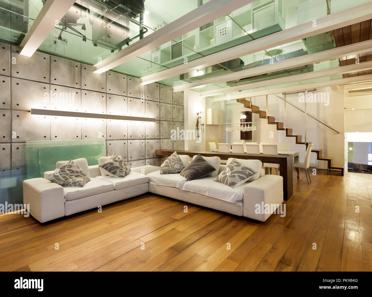 Architecture, wide loft with modern furniture, living room Stock Photo ...
