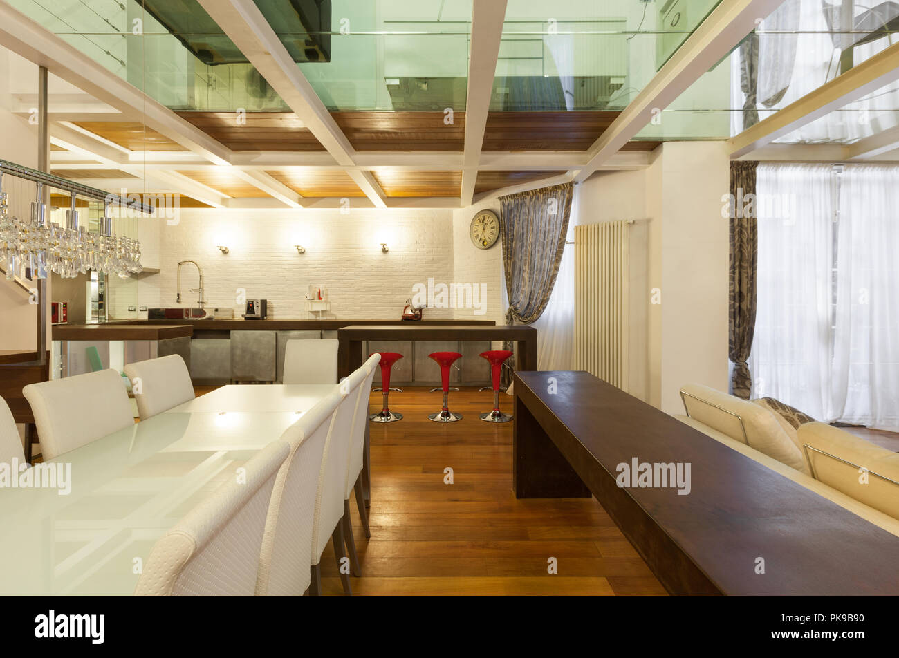 Architecture, wide loft with modern furniture, dining room Stock Photo ...