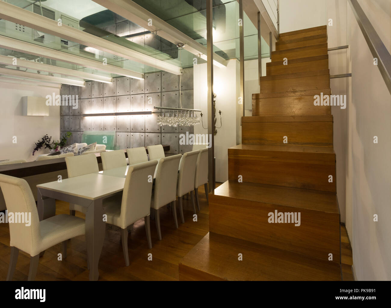 Architecture, wide loft with modern furniture, dining room Stock Photo ...