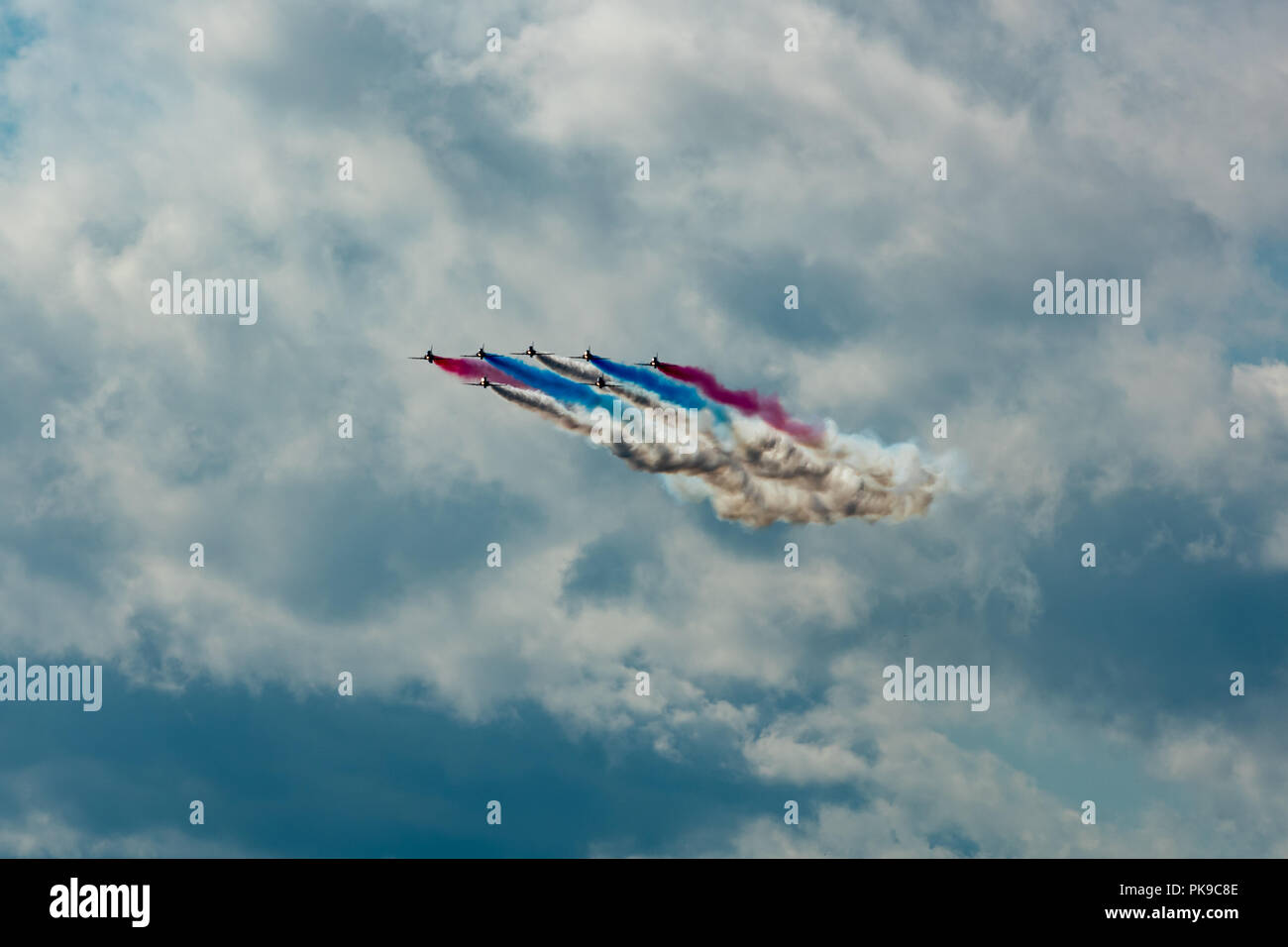 Seven of the nine Red Arrows Hawks line up for their next manoeuvre ...