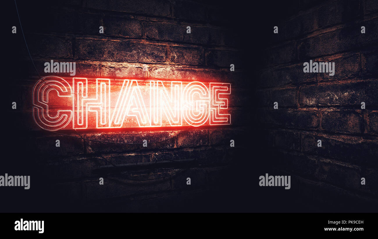 Change neon sign on brick wall, 3d rendering illustration Stock Photo ...