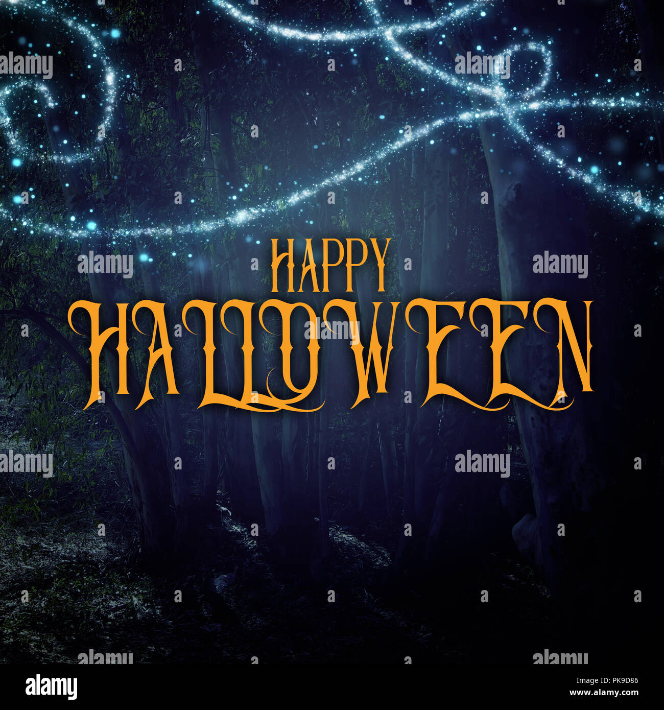 Halloween mysterious background of dark and haunted forest with text ...