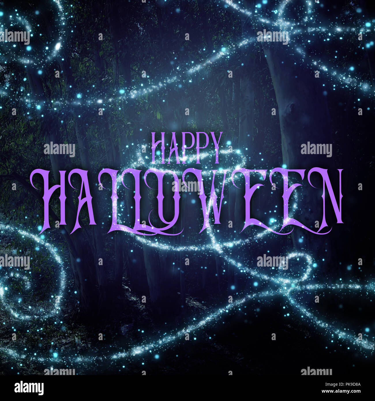 Halloween mysterious background of dark and haunted forest with text ...