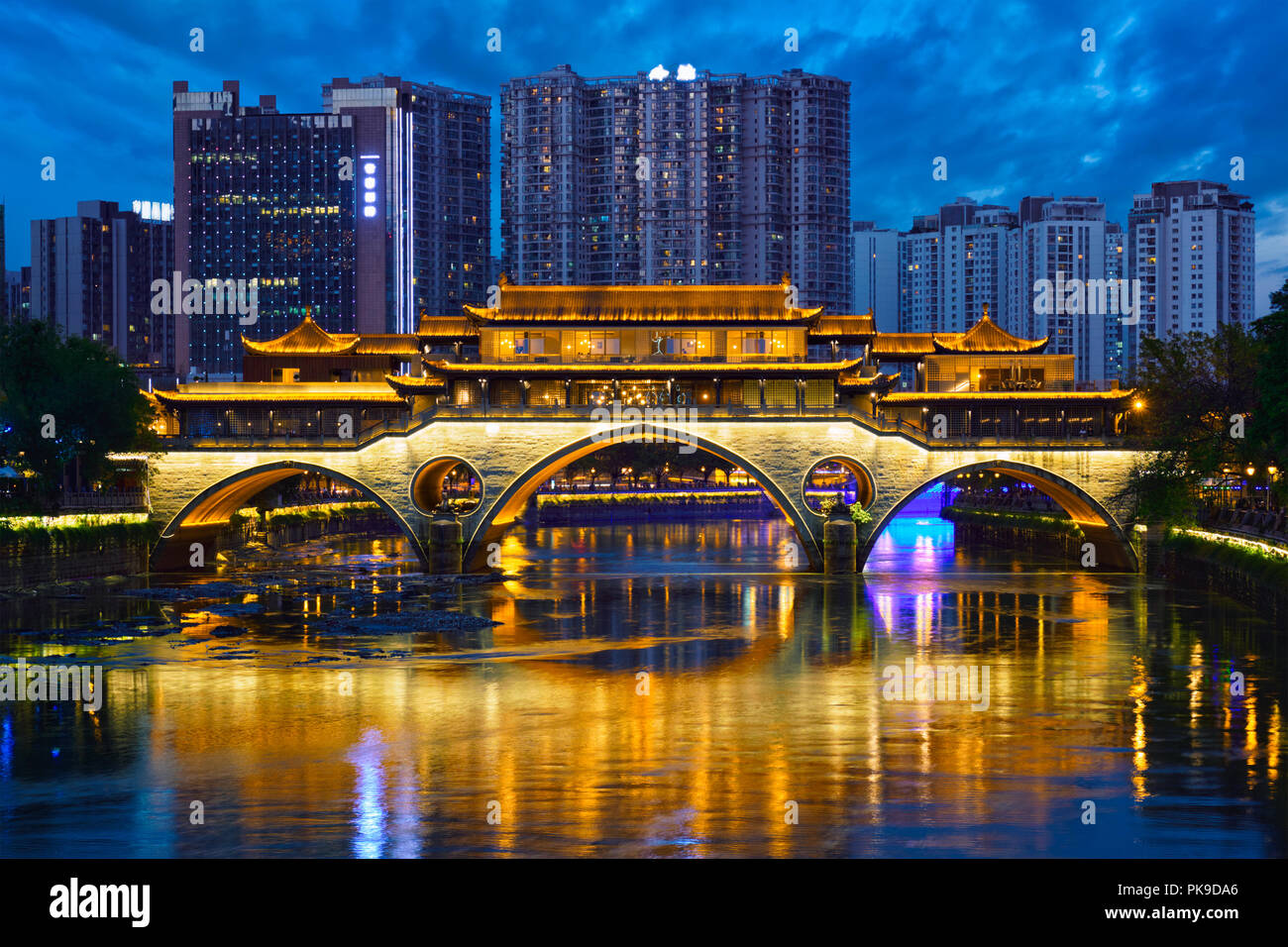 Famous landmark of Chengdue - Anshun bridge over Jin River illuminated ...